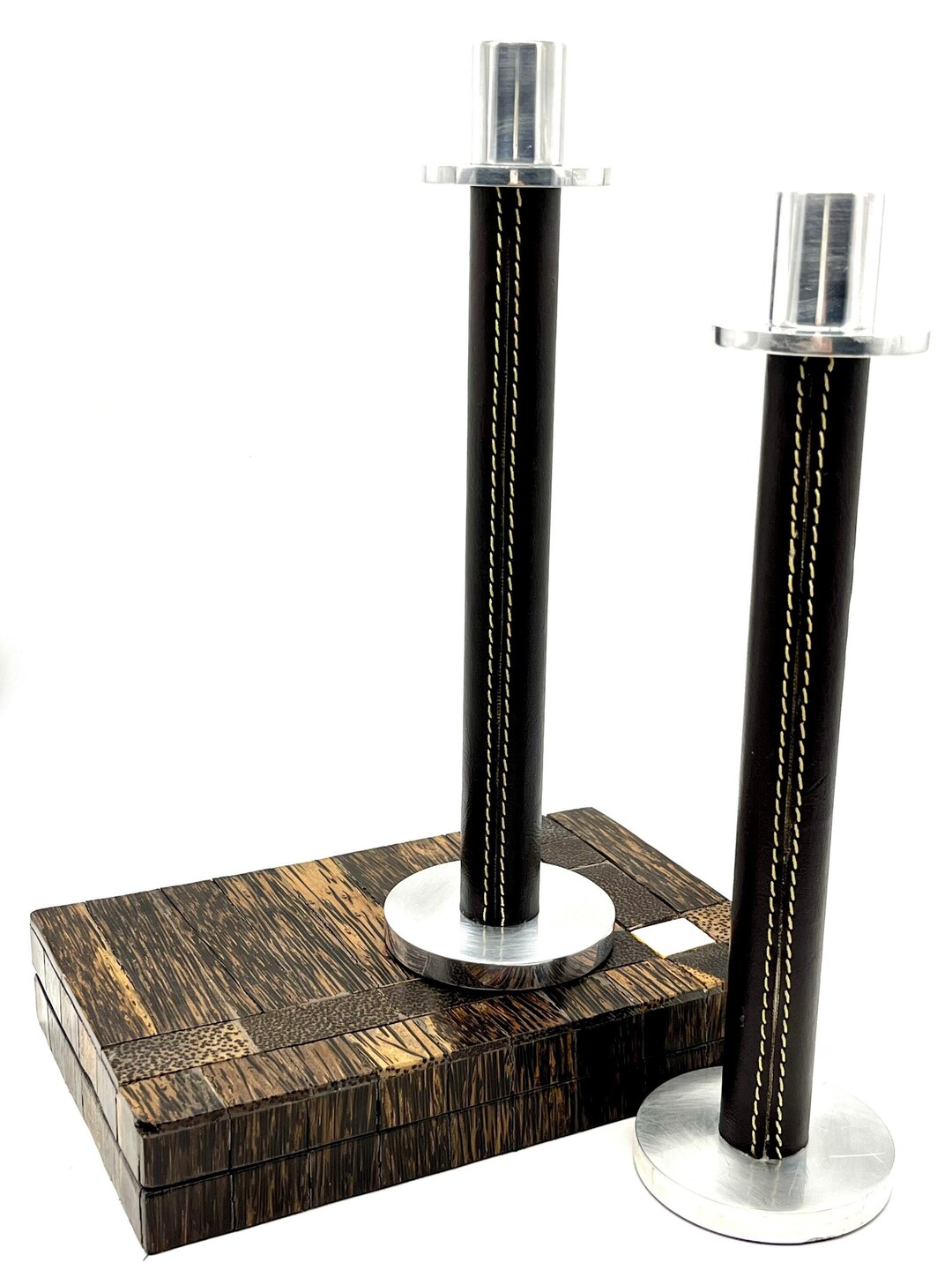 Tall Leather Bound Chrome Cylinder Style Round Base Candlesticks Unisex ...