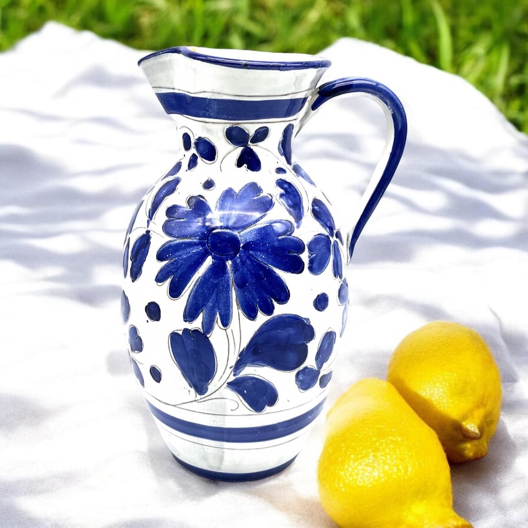 Large Blue and White Floral Print Pottery Jug Made in Italy Functional ...