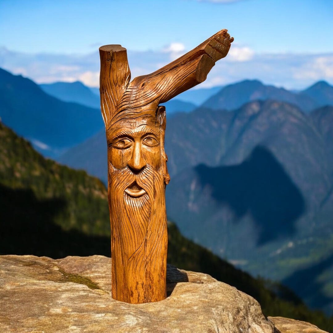 Vtg Handcarved Artist Signed Wood Tree Spirit Wizard Mythical Protector ...