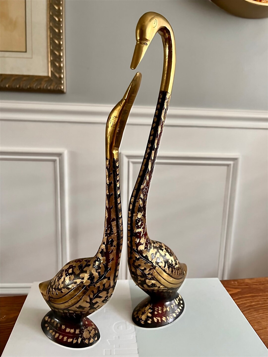 Tall Vintage Decorative Brass Handcrafted Swans Love Birds Decor Item ...