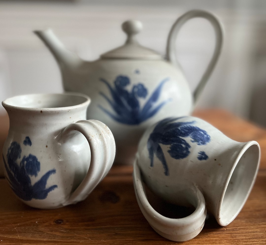 Vintage Art Pottery Artist Signed Teapot With Set of 3 Mugs Cornflower ...