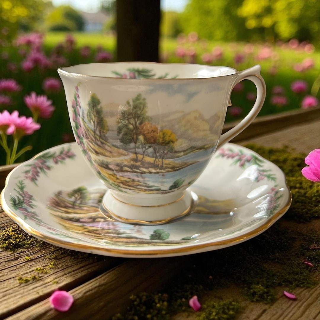 Vintage Porcelain Tea Cup and Saucer Set With Scenic Landscape Design ...