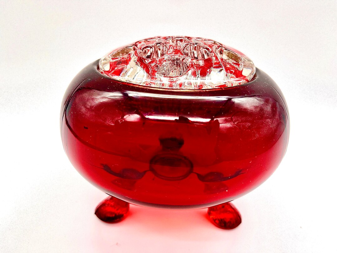 Vintage Ruby Red Viking Glass Vase With 11 Hole Flower Frog Flower Bowl ...