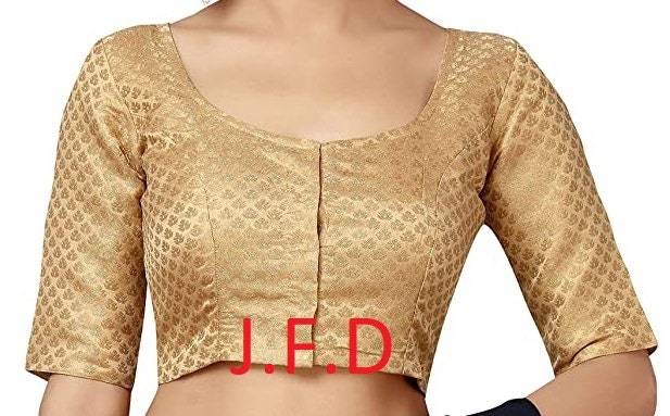 Golden Chanderi Blouse - Sari Top -elbow Sleeves Without Pads Blouse ...