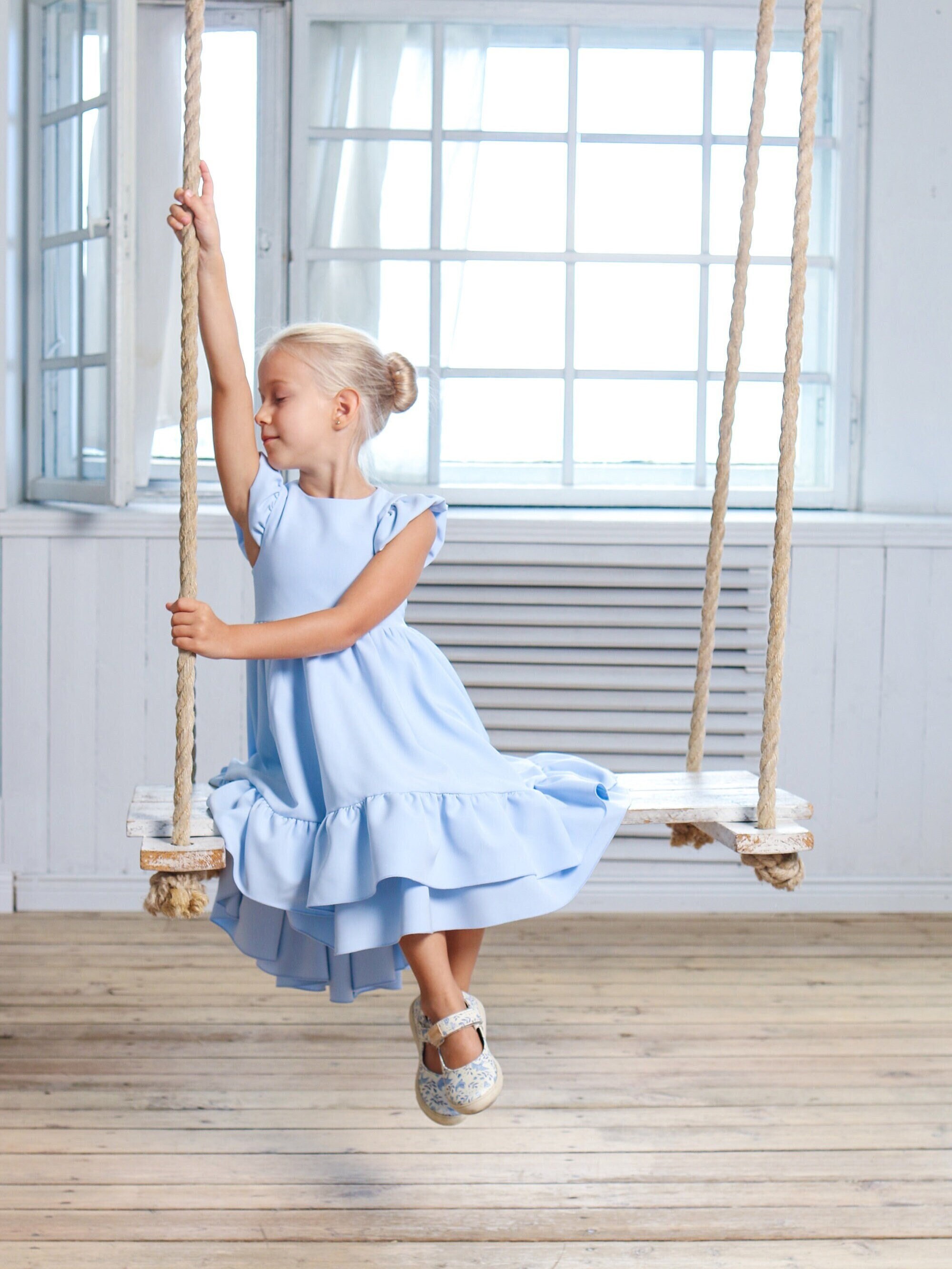 Cloud - Sky Blue Girls Dress With Ruffles, Sleeveless Dress, Blue Girls ...