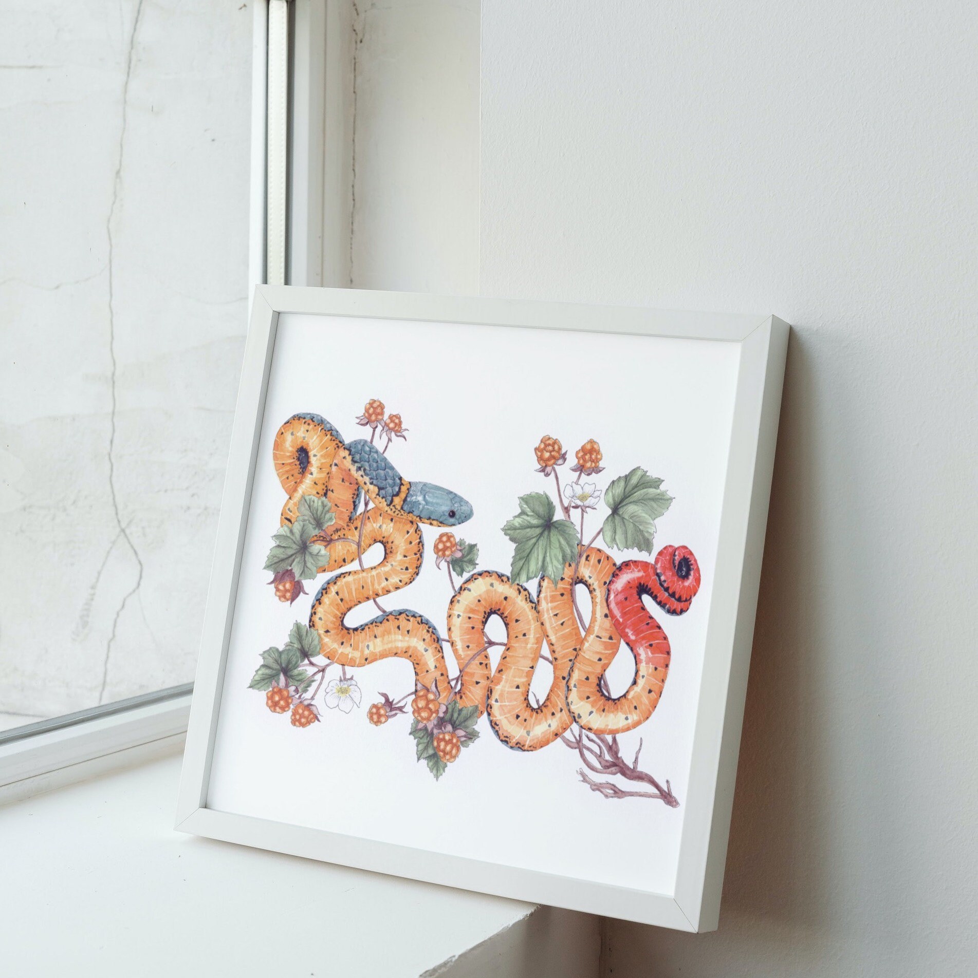 Watercolor Ring-necked Snake Art Print. Reptile Decor. Floral Painting ...