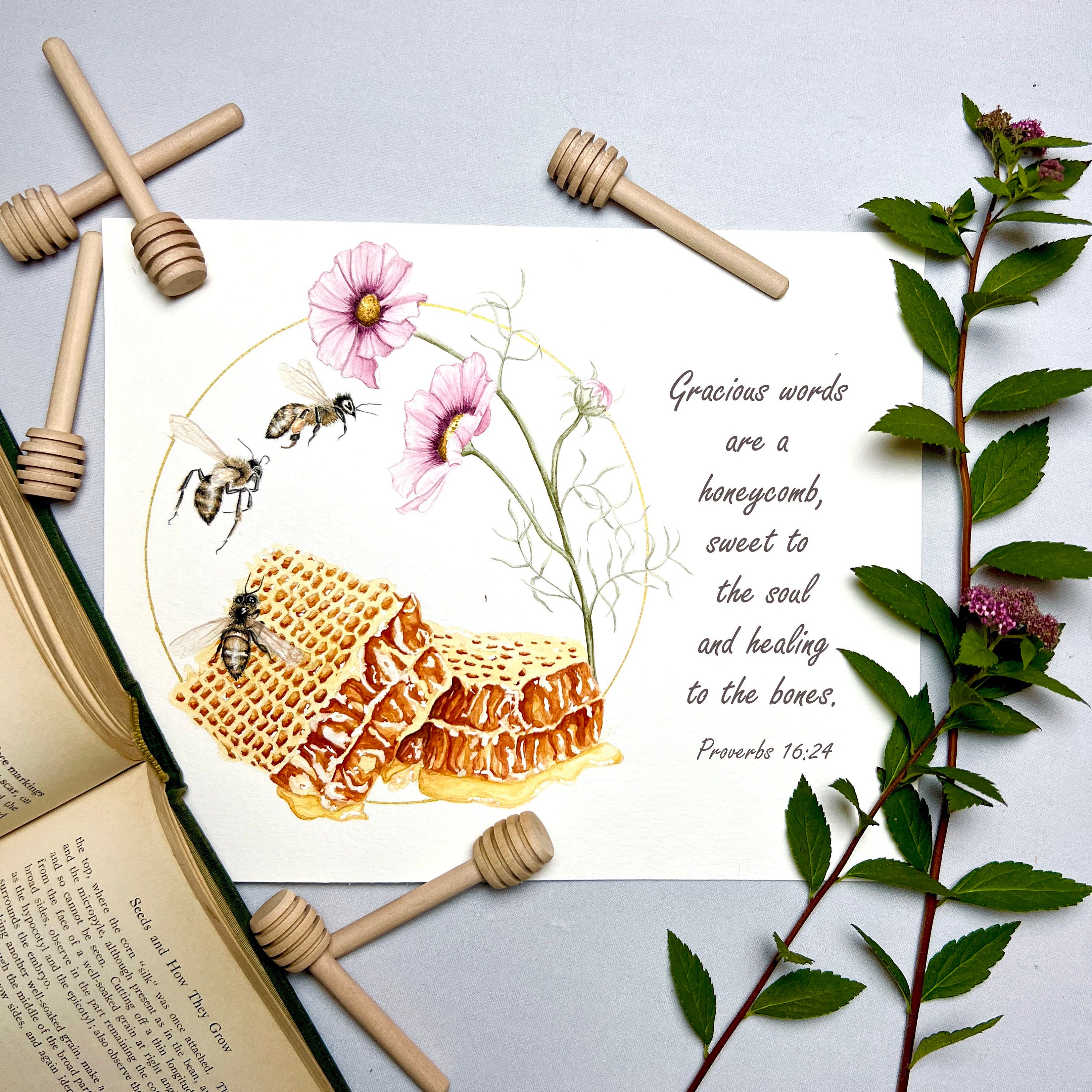 Christian Bee Art Print. Proverbs 16:24 Bible Verse. Watercolor ...