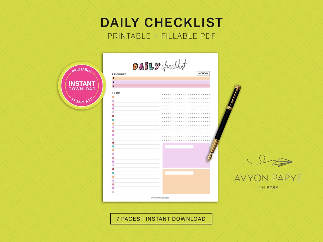Daily Checklist Printable Daily Planner Daily Agenda Daily To-do List ...