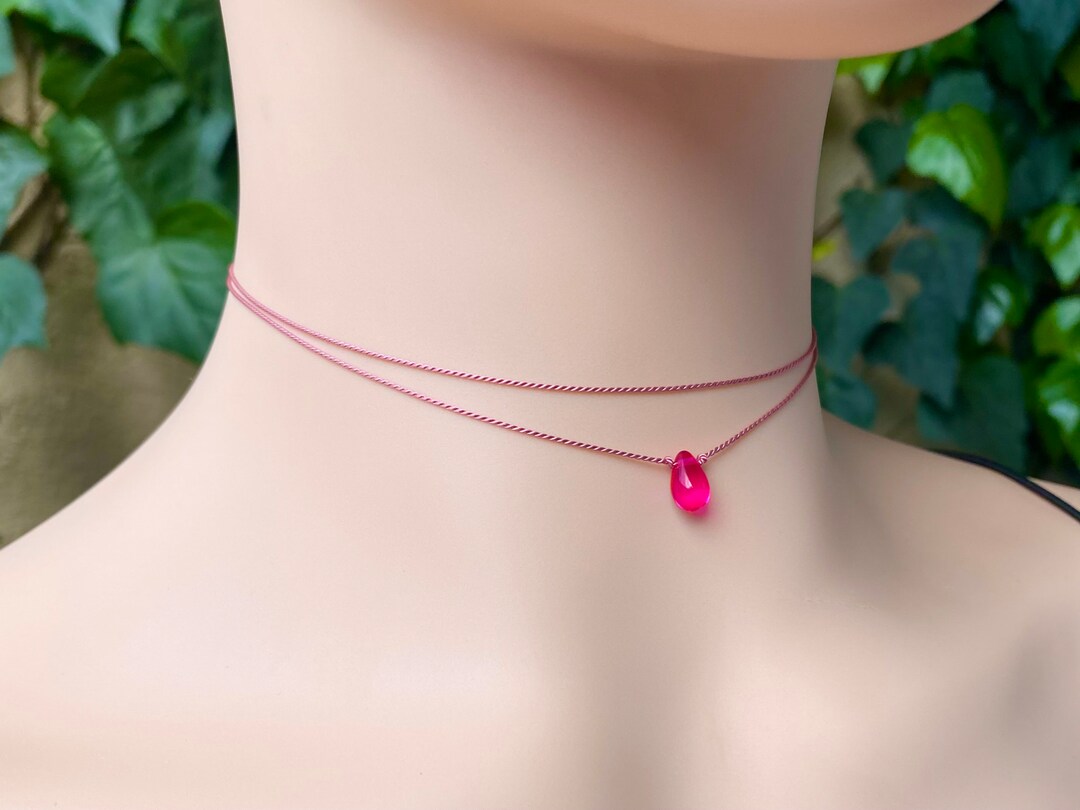 Pink Teardrop Cord Choker, Double Strand Layering Necklace, Glass Bead Pendant, 12 to 16 Inch ...