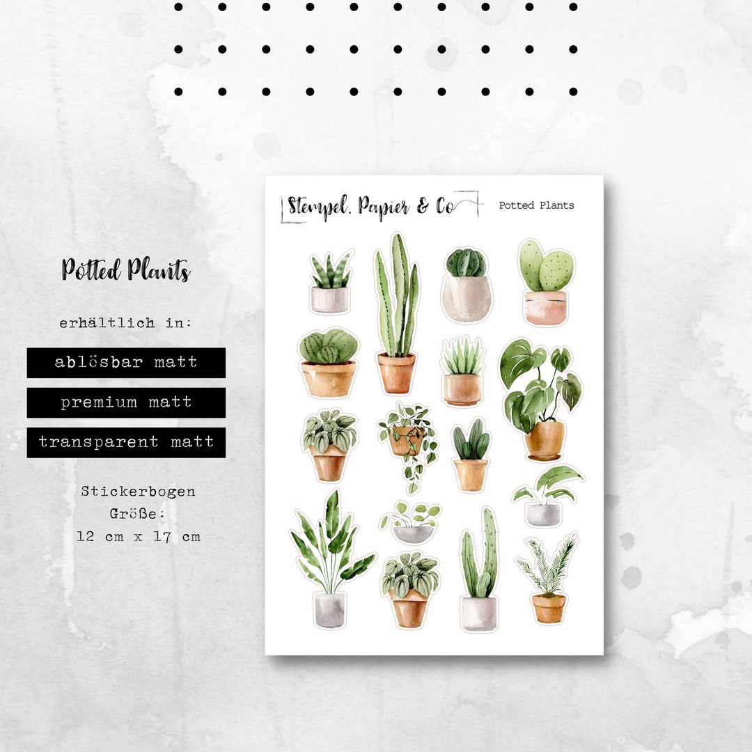 Sticker Sheet Pot Plants, Individually Removable Stickers in Watercolor ...