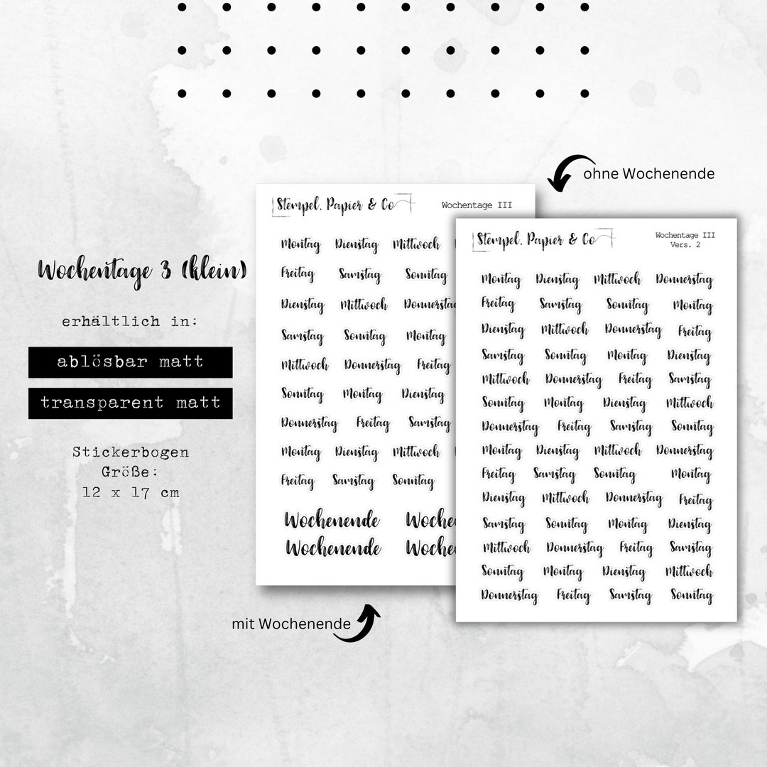 Sticker Sheet Weekdays, Monday to Sunday, Weekend, German, Font 3 ...