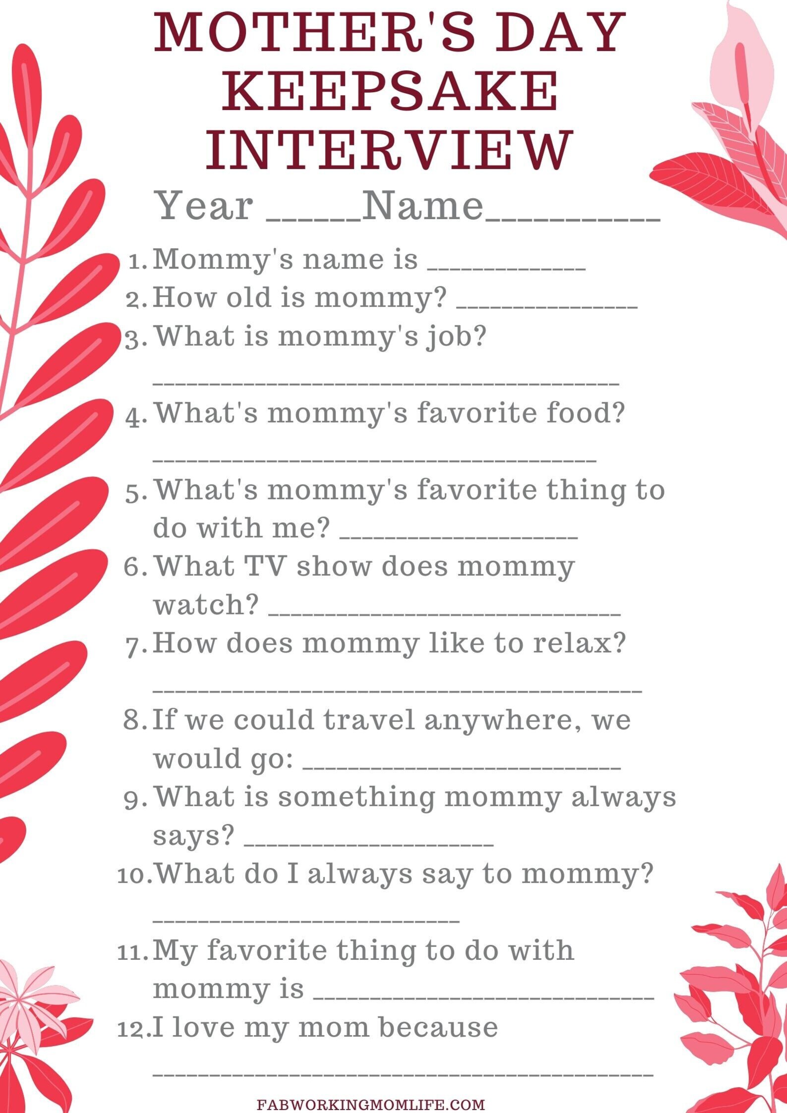 Mother's Day Keepsake Interview Printable | About My Mom Interview ...