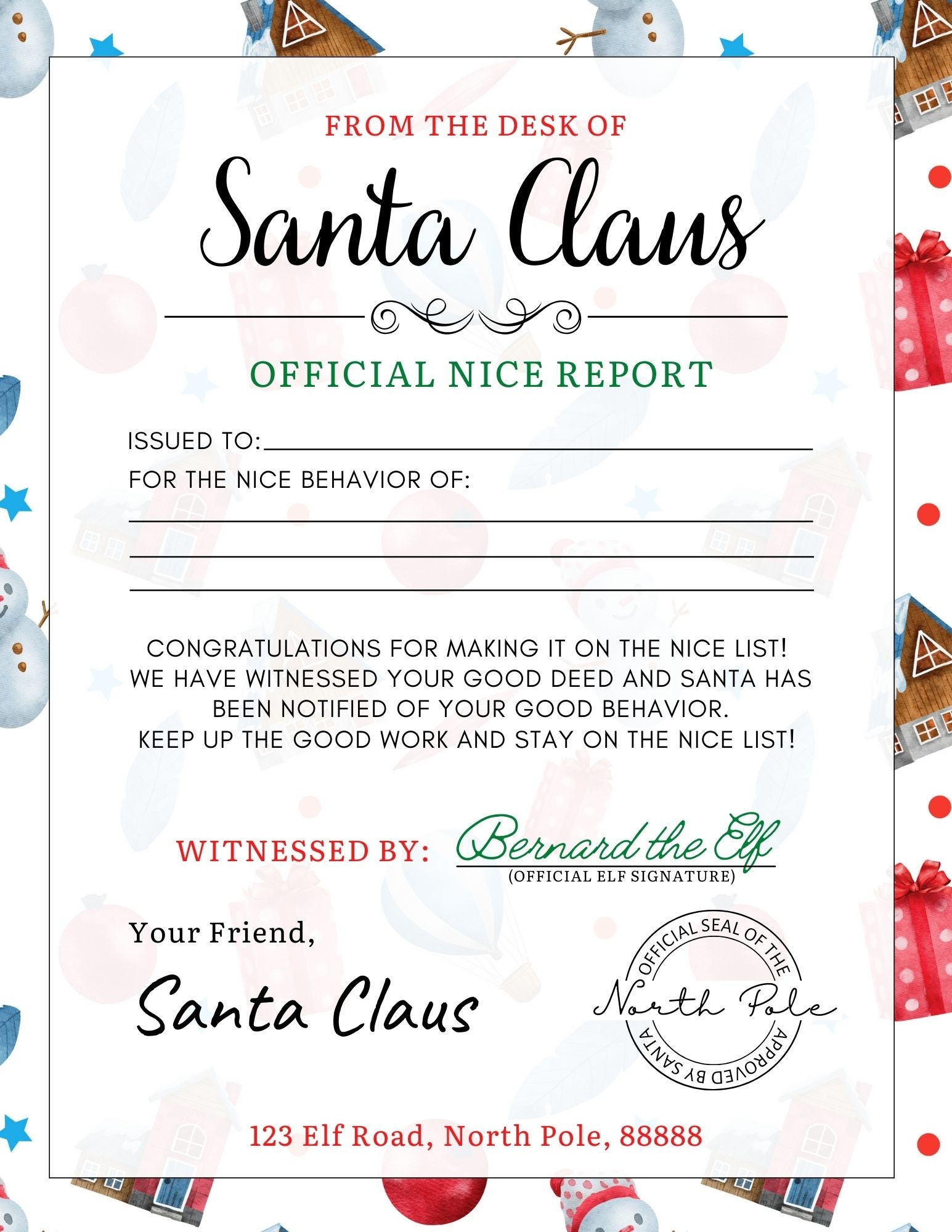 Santa's Official Elf Report Card for Naughty or Nice Behavior Official ...