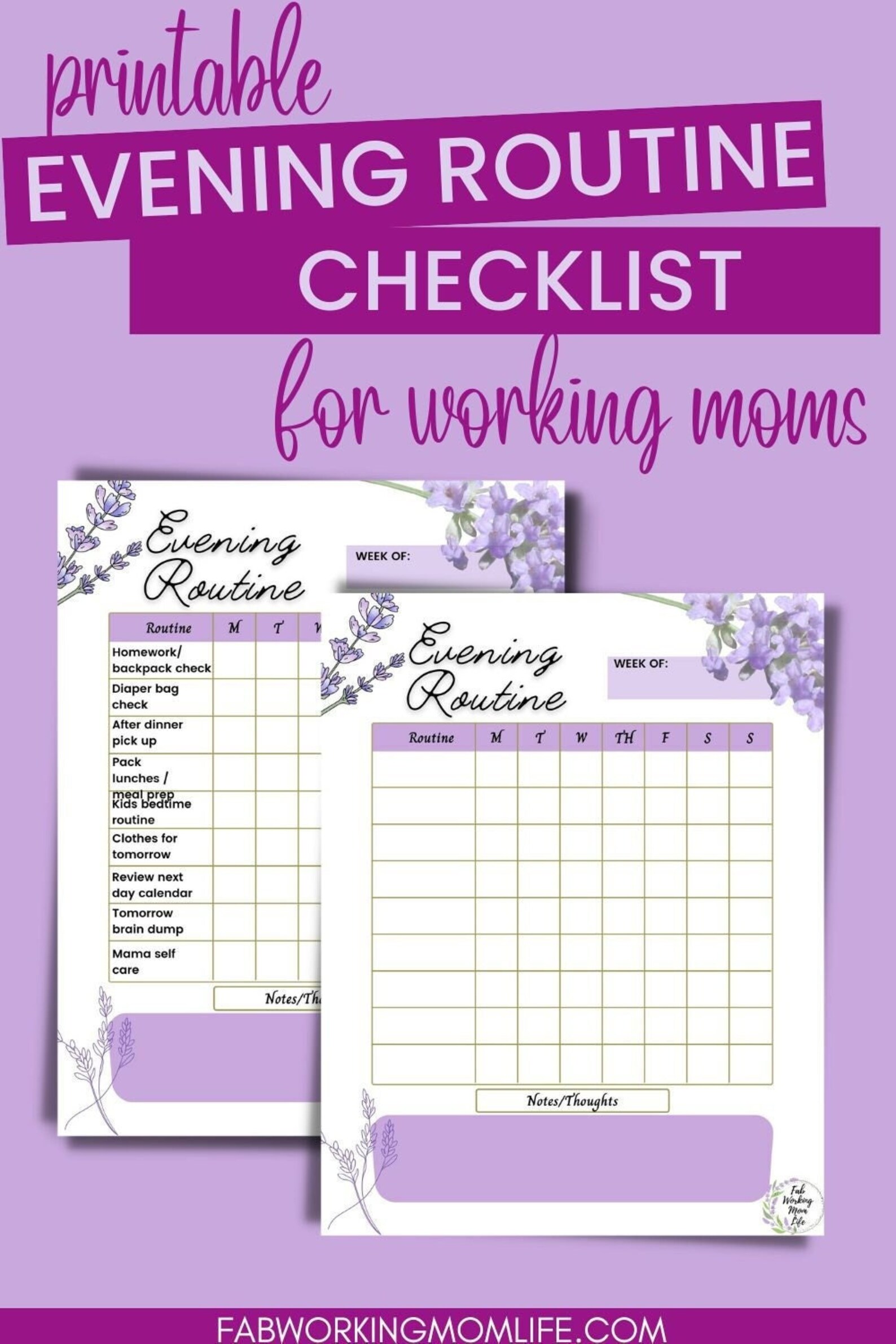 Evening Routine Checklist for Working Moms Night Time Routine Checklist ...