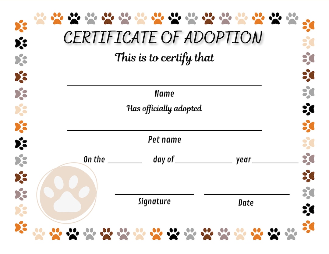 Pet Adoption Certificates Cat Adoption Certificate Puppy Adoption ...