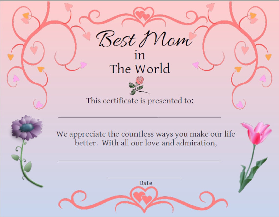 Mother's Day Best Mom Printable Award Certificate Best Mom Ever ...