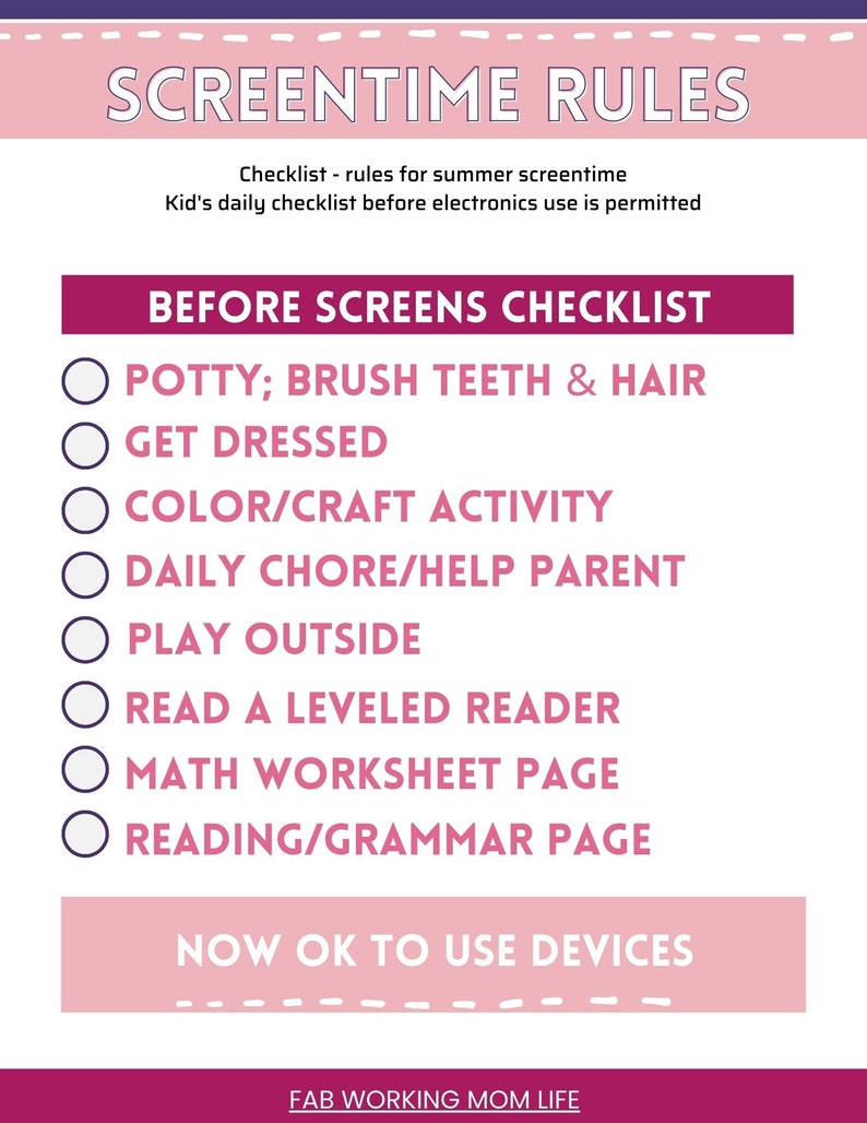 School Break Screen Time Rules Printable for Kids Summer Break Family ...