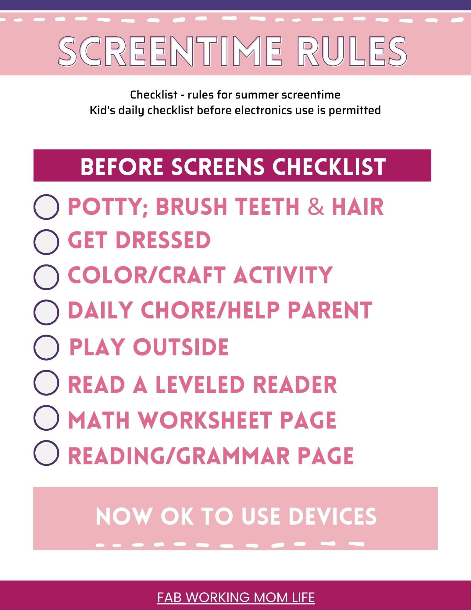 School Break Screen Time Rules Printable for Kids Summer Break Family ...