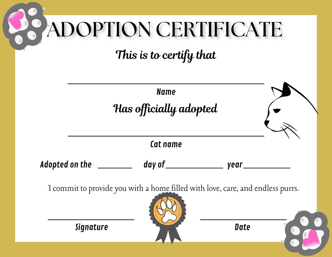Pet Adoption Certificates Cat Adoption Certificate Puppy Adoption ...