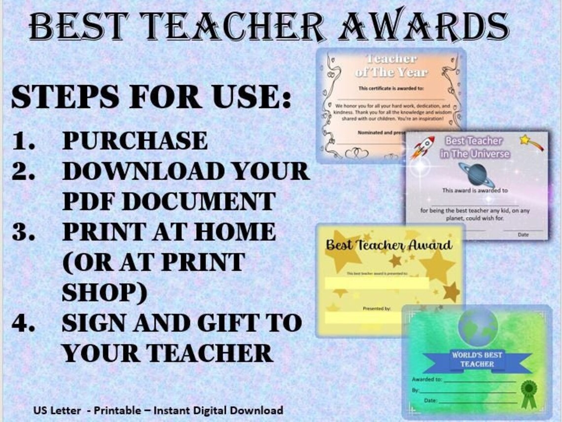 Teacher Appreciation Gift Best Teacher Certificate Best Teacher Award ...