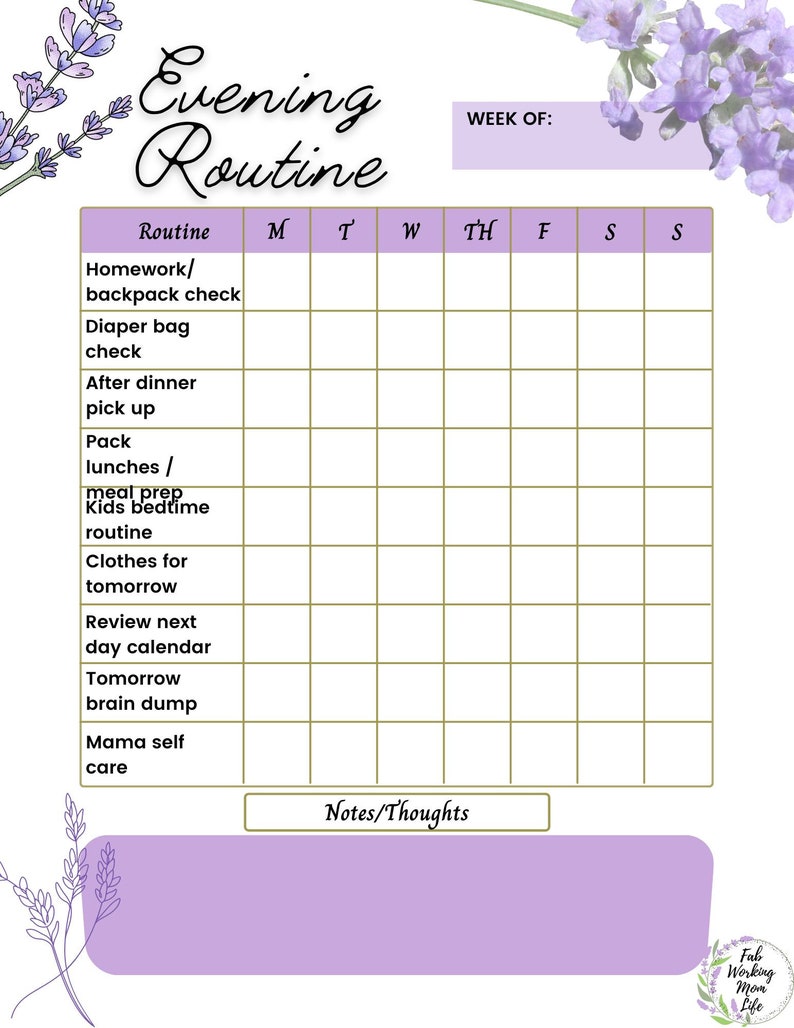 Evening Routine Checklist for Working Moms Night Time Routine Checklist ...