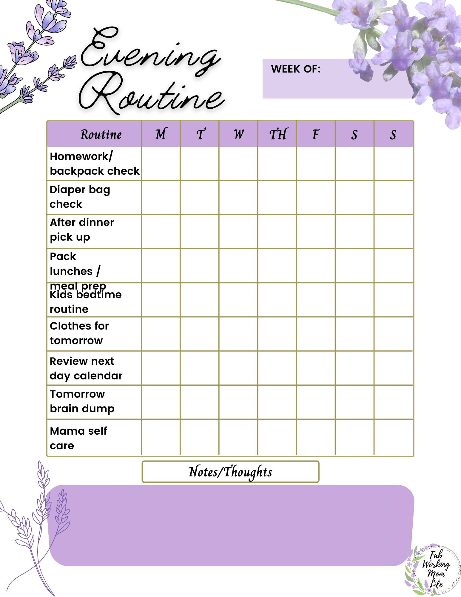 Evening Routine Checklist for Working Moms Night Time Routine Checklist ...