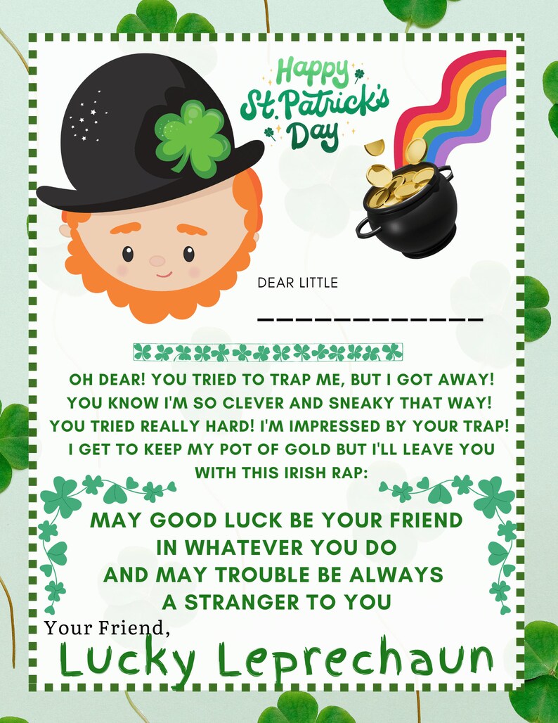 St Patricks Day Lucky Leprechaun Letter Shamrock Irish Leprechaun Trap ...