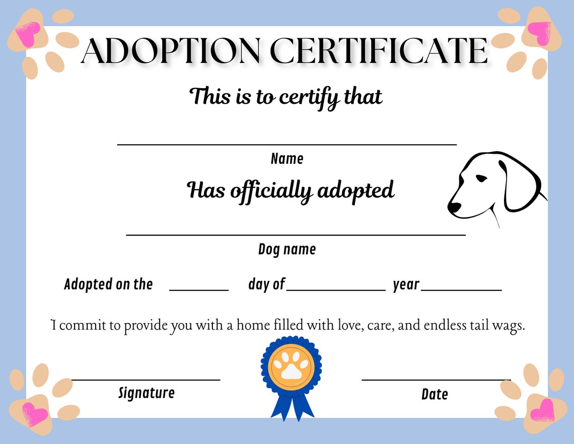 Pet Adoption Certificates Cat Adoption Certificate Puppy Adoption ...