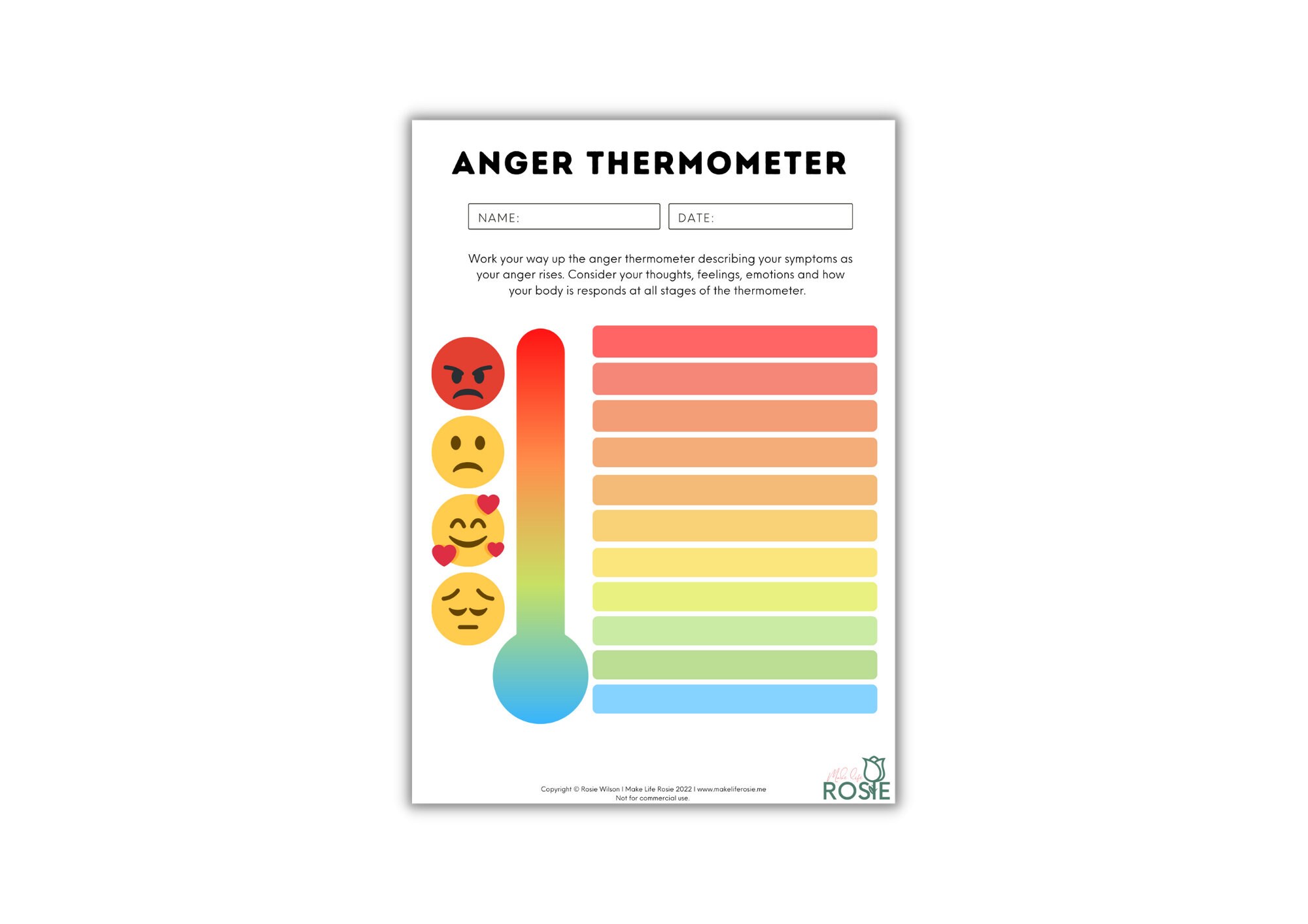 Anger Thermometer Worksheet for Kids. Mental Health Printable, Therapy ...