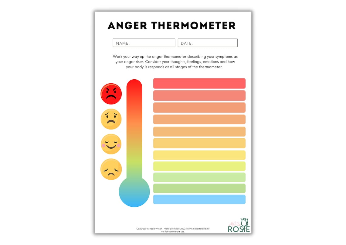 Anger Thermometer Worksheet for Kids. Mental Health Printable | Etsy