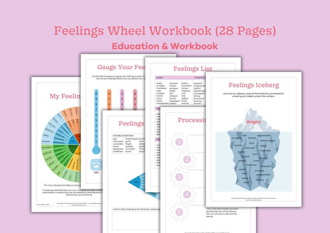 Feelings Wheel Workbook (28 Pages). Mental Health Printable, Therapy ...
