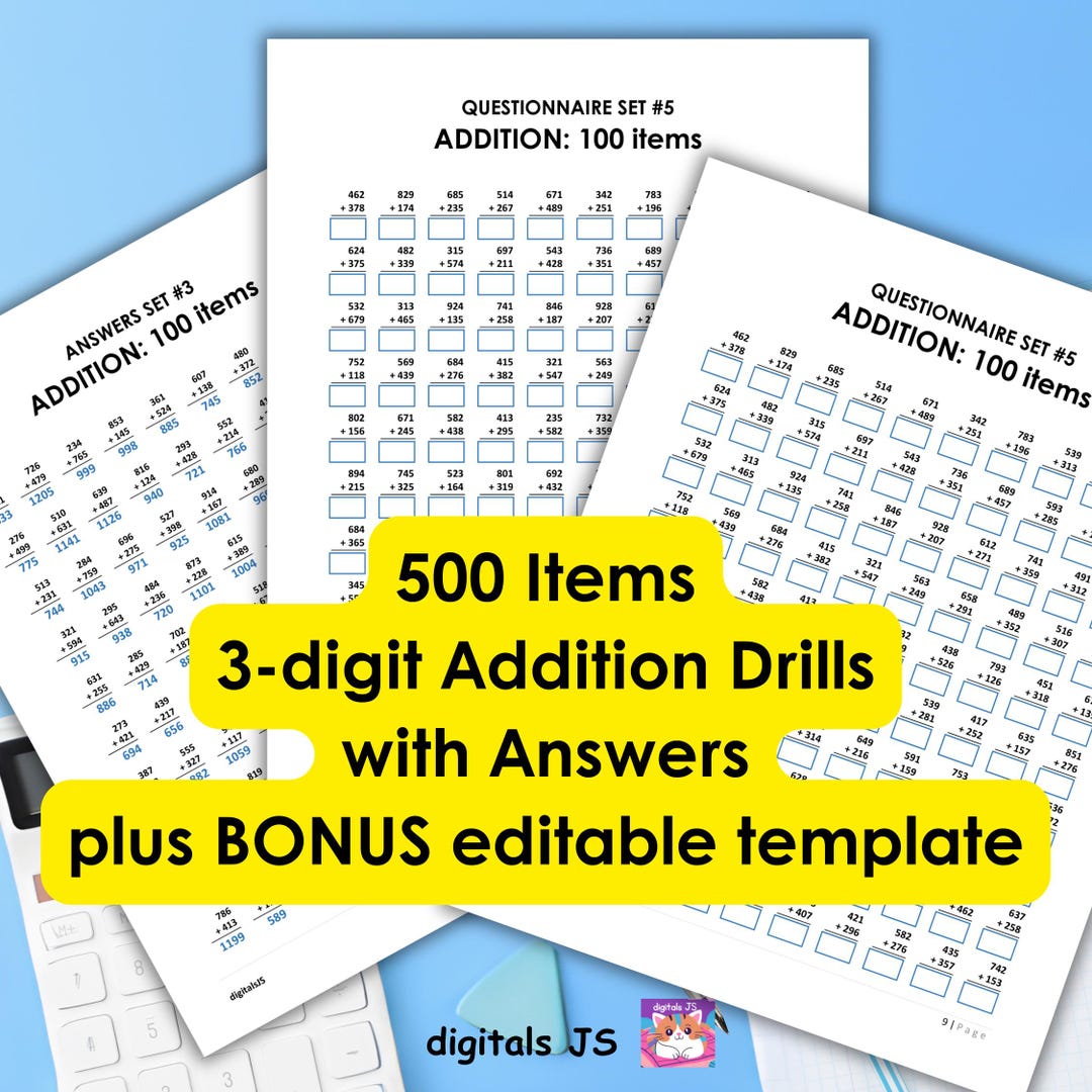 Addition Worksheets for Kids | 500 Items 3-digit Math Problems ...