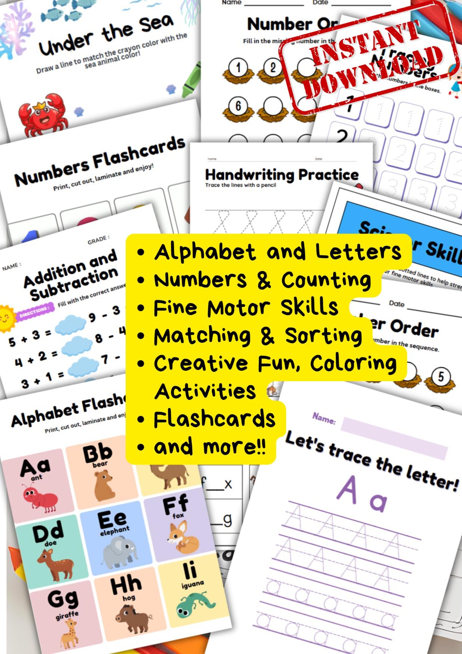 Preschool Learning Worksheets Bundle Printable Alphabet, Numbers, Math ...