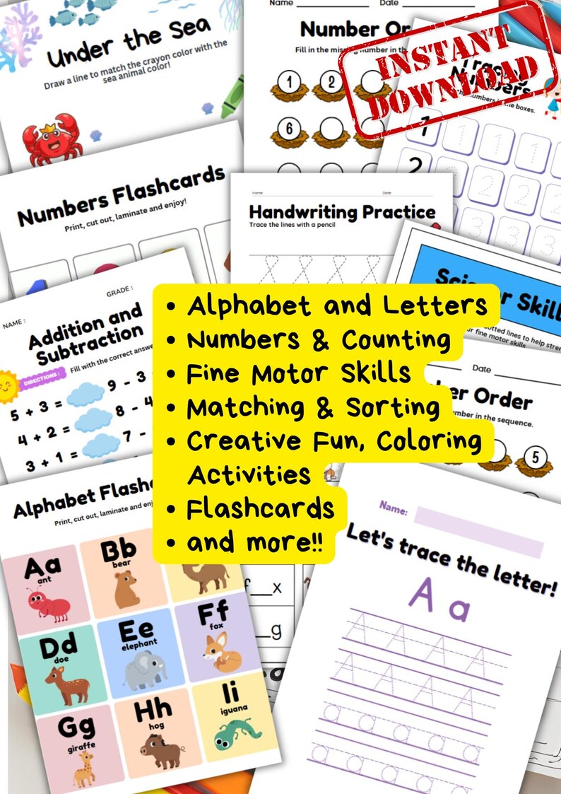 Preschool Learning Worksheets Bundle Printable Alphabet, Numbers, Math ...