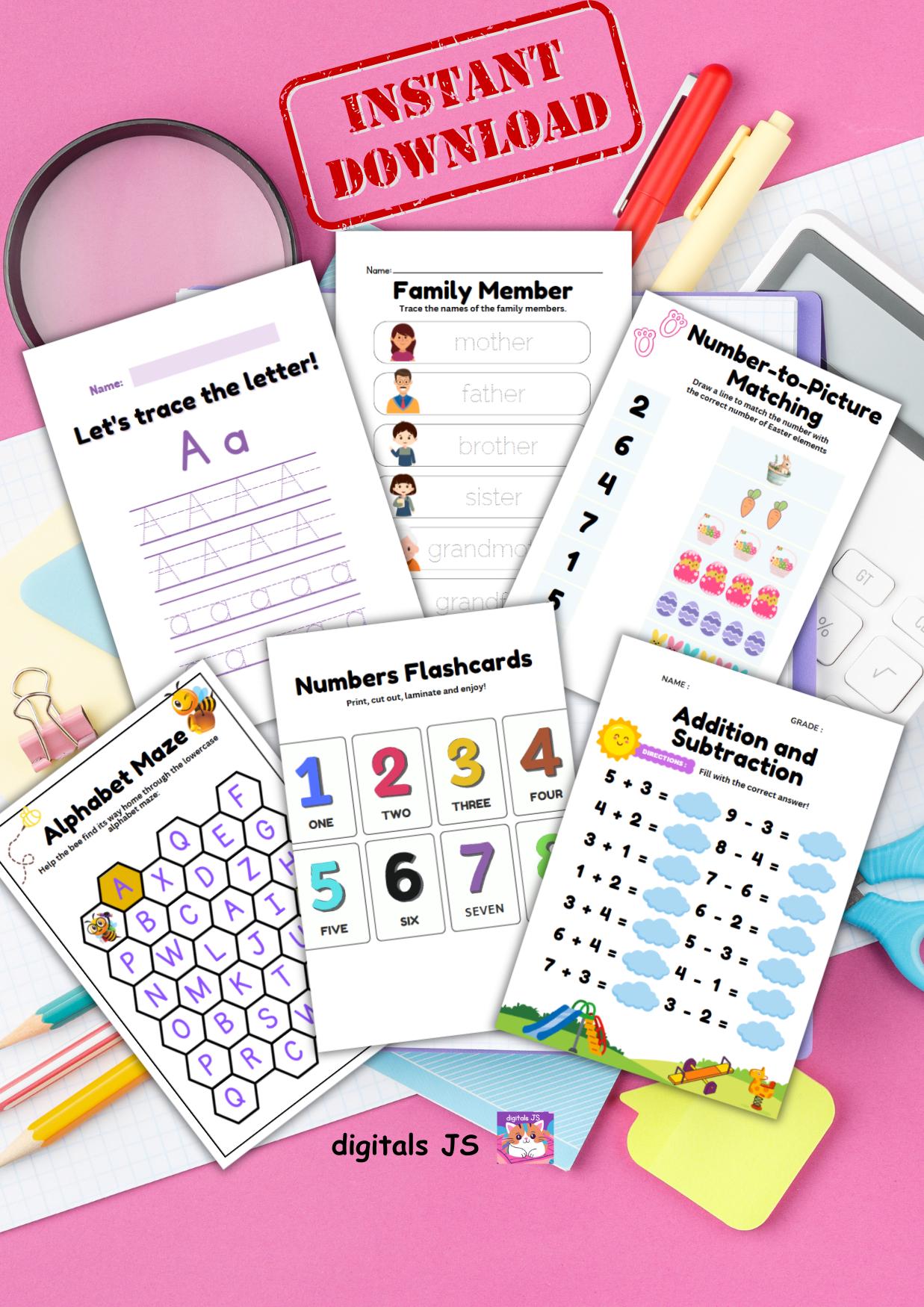 Preschool Learning Worksheets Bundle Printable Alphabet, Numbers, Math ...
