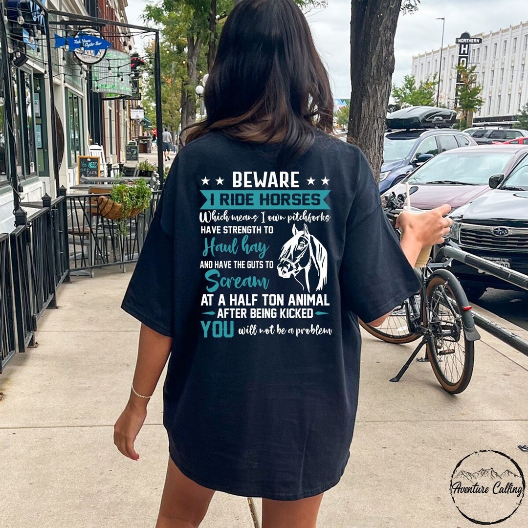 Horse 1717 Back Shirt, Beware I Ride Horses Men's Equestrian Horseback Back Shirt, Horse Lover ...