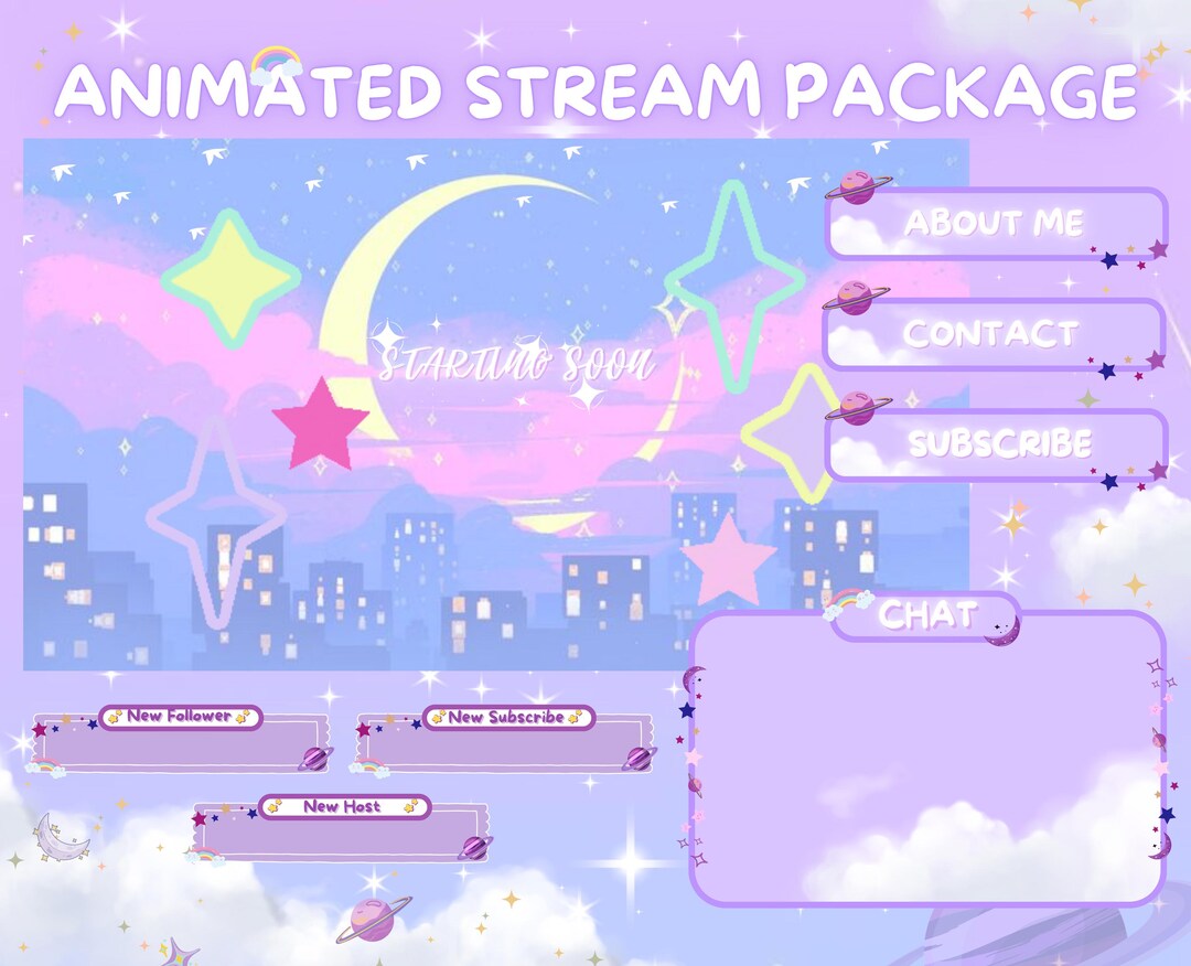Animated PURPLE CUTE Stream Overlays Package for Twitch Overlay Stream ...