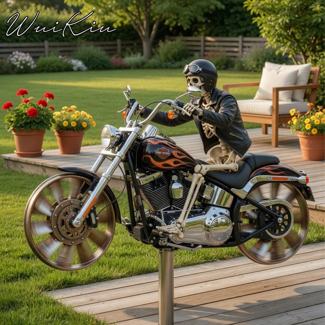 Skeleton Biker Motorcycle Wind Spinner | Metal Harley Style Garden ...