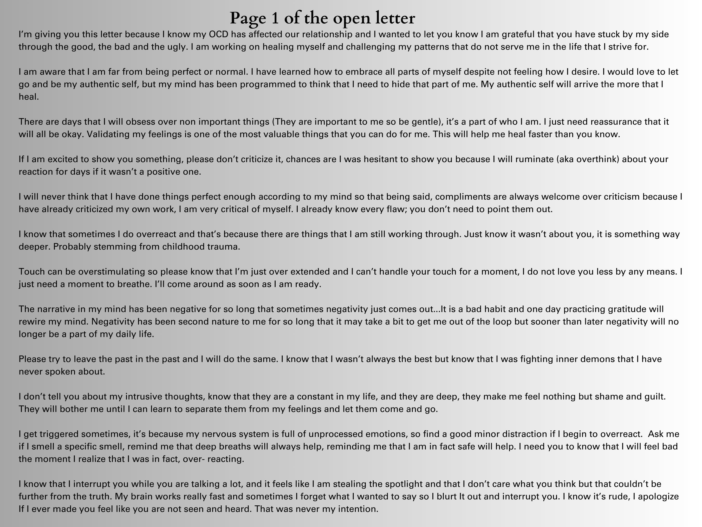 Obsessive Compulsive Disorder Letter to Print Letter Template OCD ...