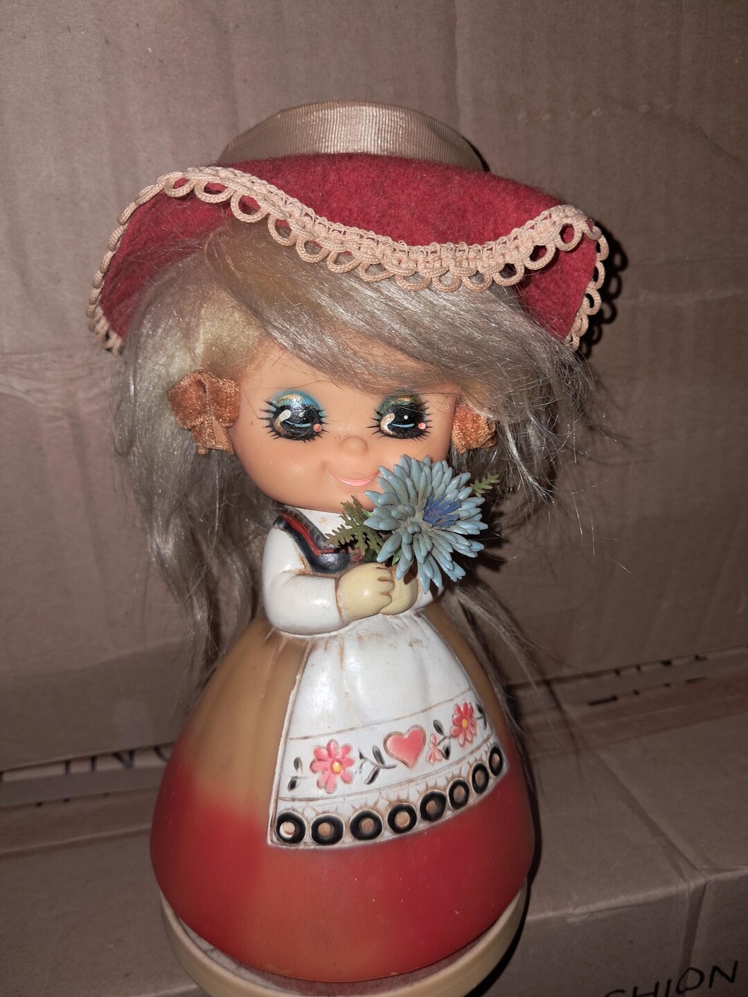 Vintage Rubber Doll Music Box Doll Big Eyes Anime SENPO Japan Vinyl 70 ...