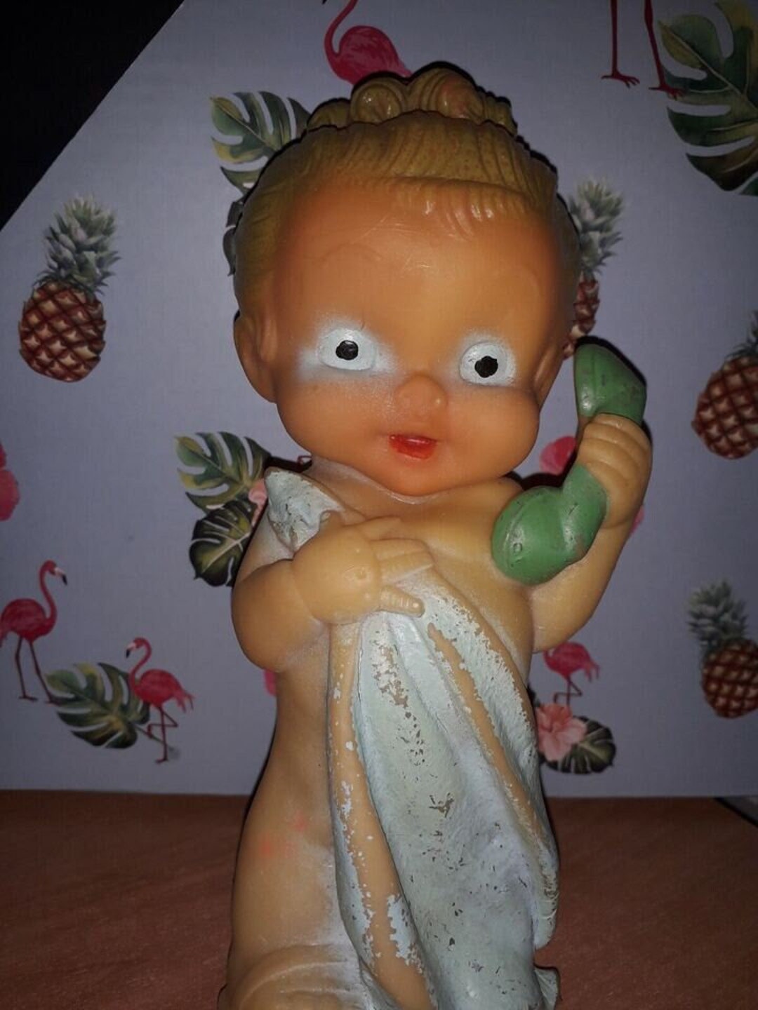 Vintage Rubber Squeaky Toy Baby Girl Doll Holding Towel and Phone ...