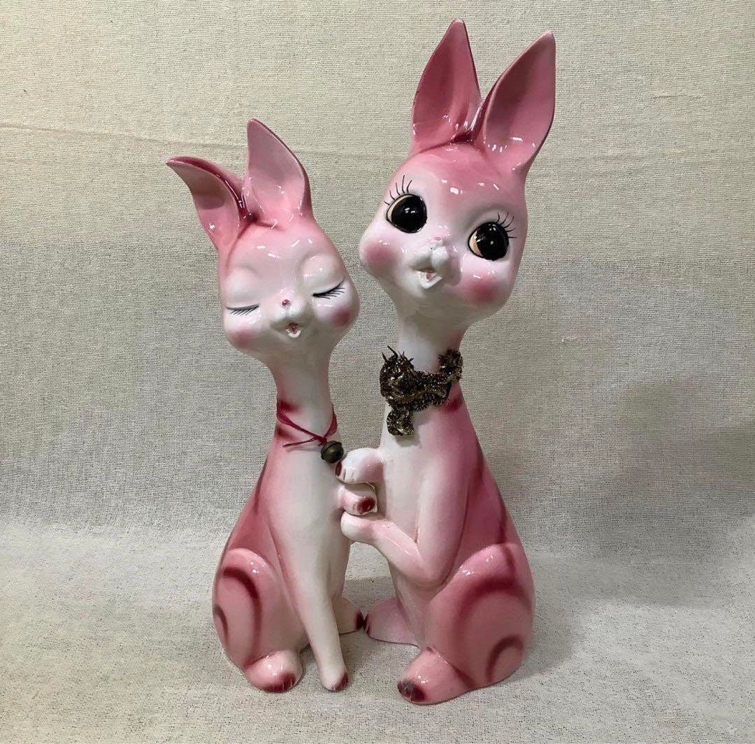 Vintage Japanese Animal Ceramic BIG SIZE Kitsch Big Eye Pink Bunny ...
