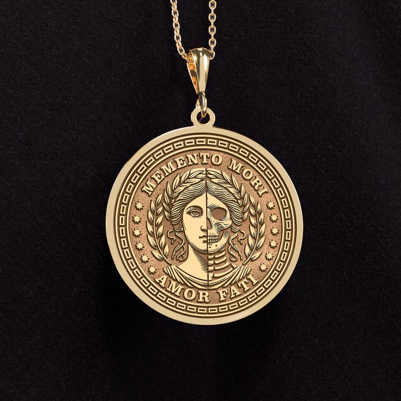 Memento Mori Amor Fati Medallion: 14K Gold Stoic Philosophy Pendant - Etsy