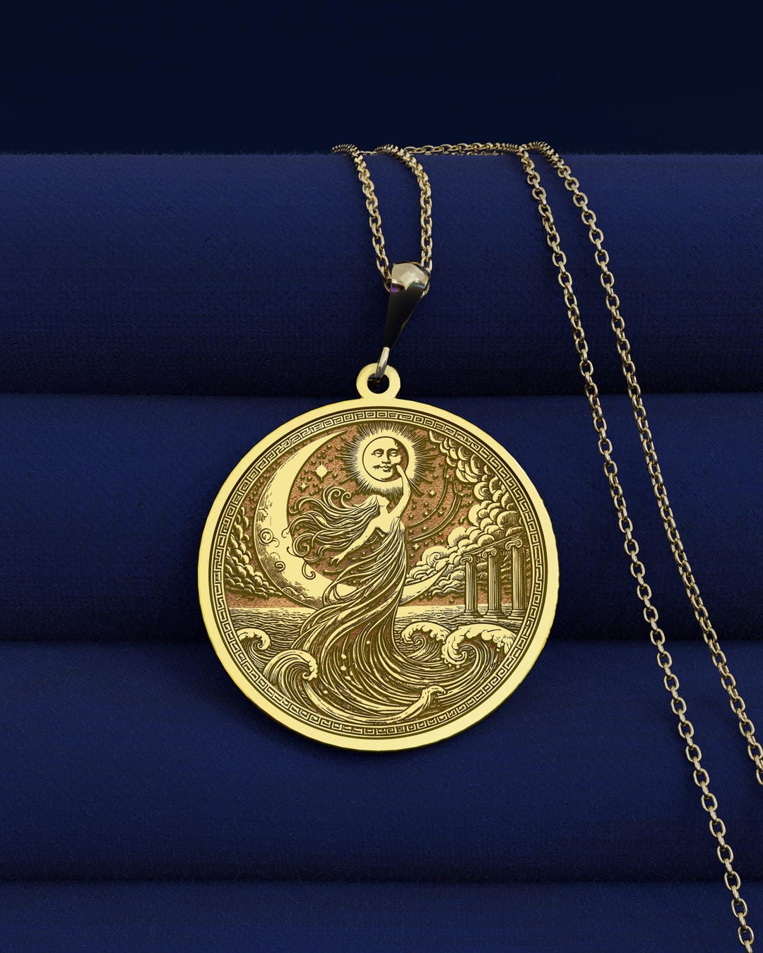 14K Gold Selene Moon Goddess Pendant, Greek Mythology Necklace, Lunar ...