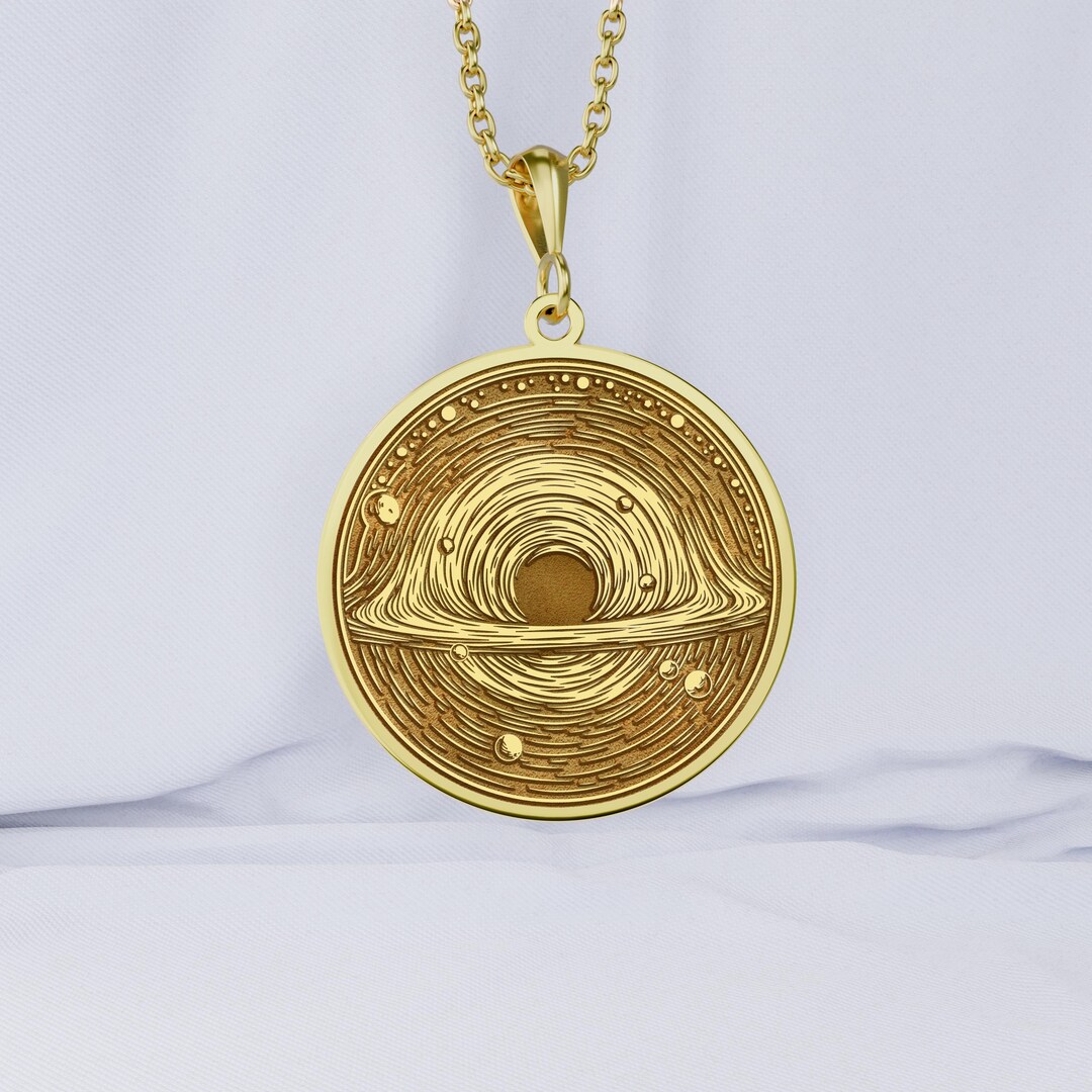 14K Gold Black Hole Necklace: Engraved Astronomy Pendant, Space Jewelry ...