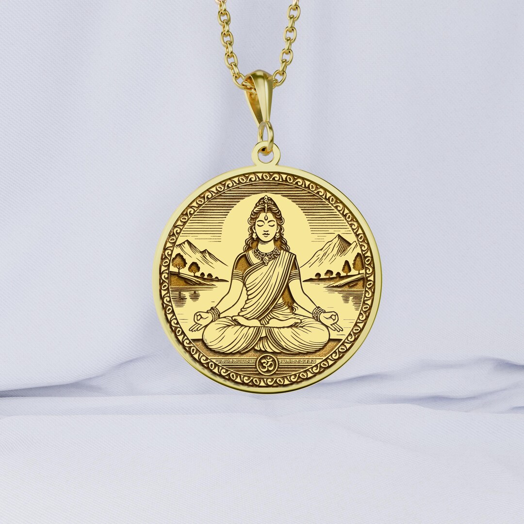 14K Gold Parvati Medallion Necklace: Hindu Goddess Pendant, Spiritual ...