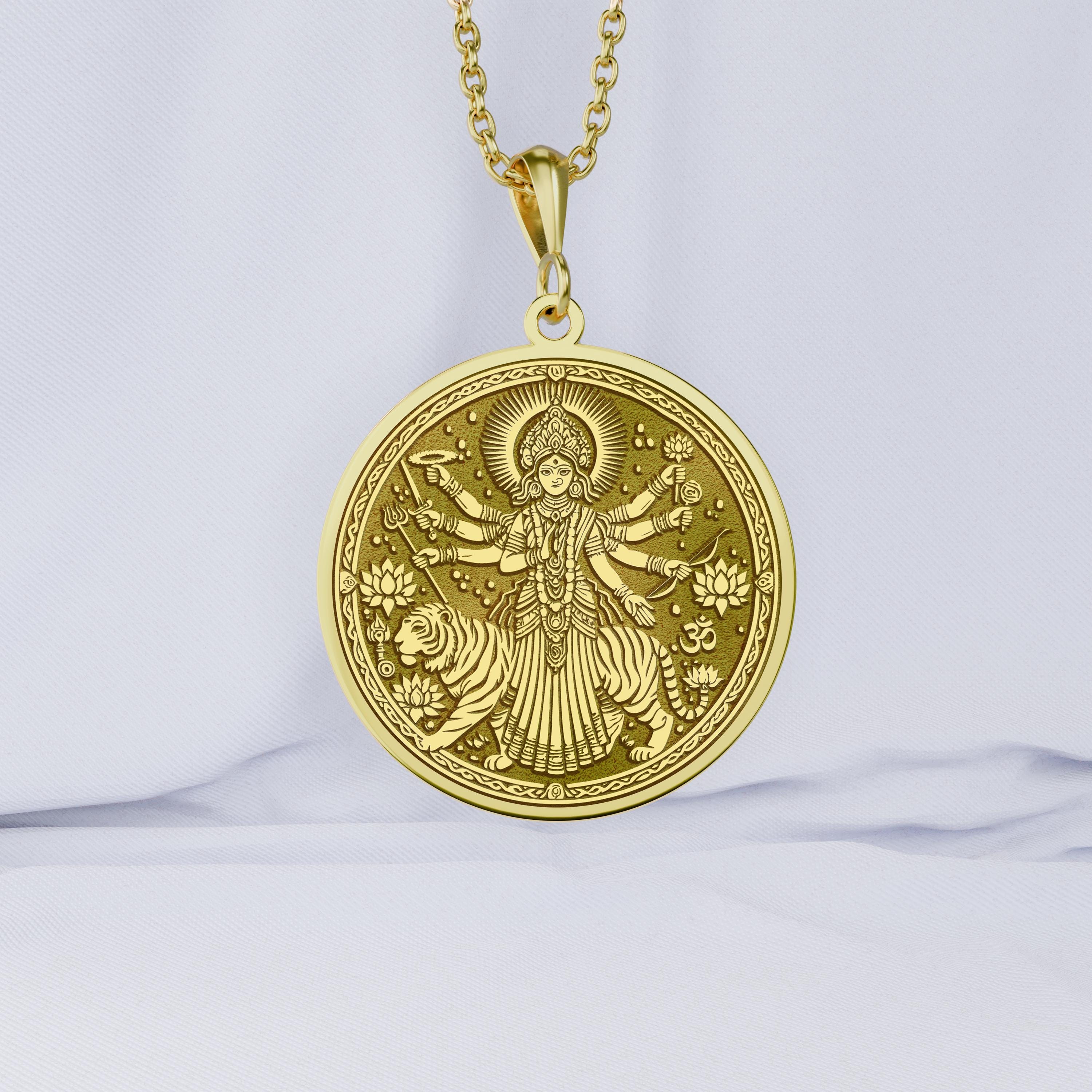 14K Gold Durga Pendant: Hindu Goddess Tiger Amulet - Etsy