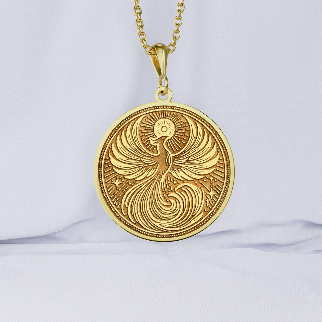 14K Gold Phoenix Necklace: Hand-engraved Firebird Amulet - Etsy