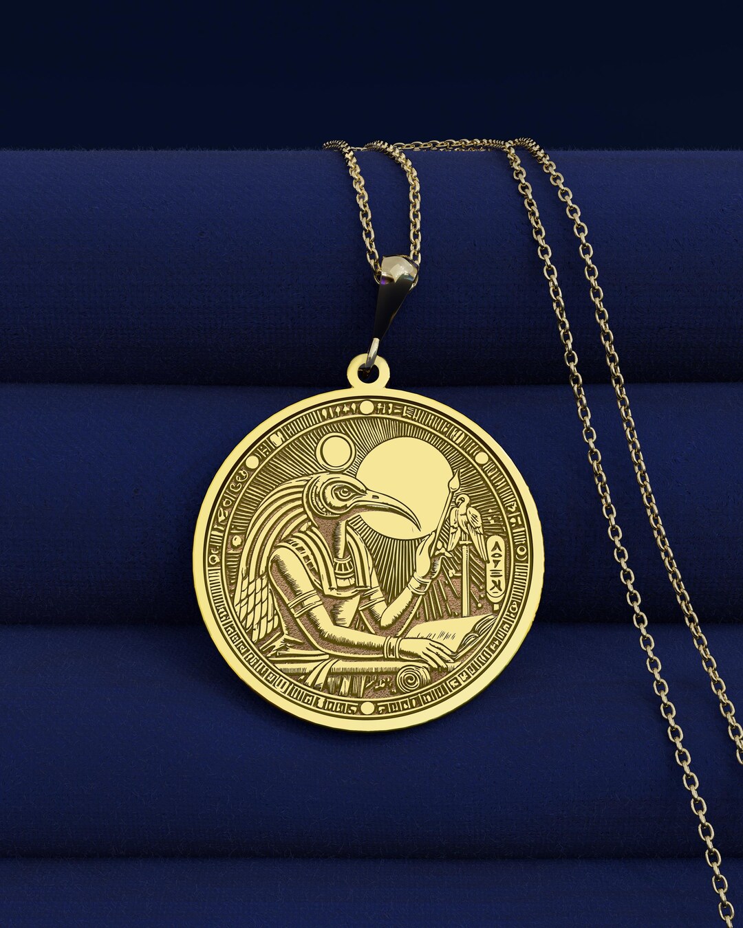 14K Gold Thoth Pendant, Egyptian Moon God Necklace, Wisdom & Writing ...