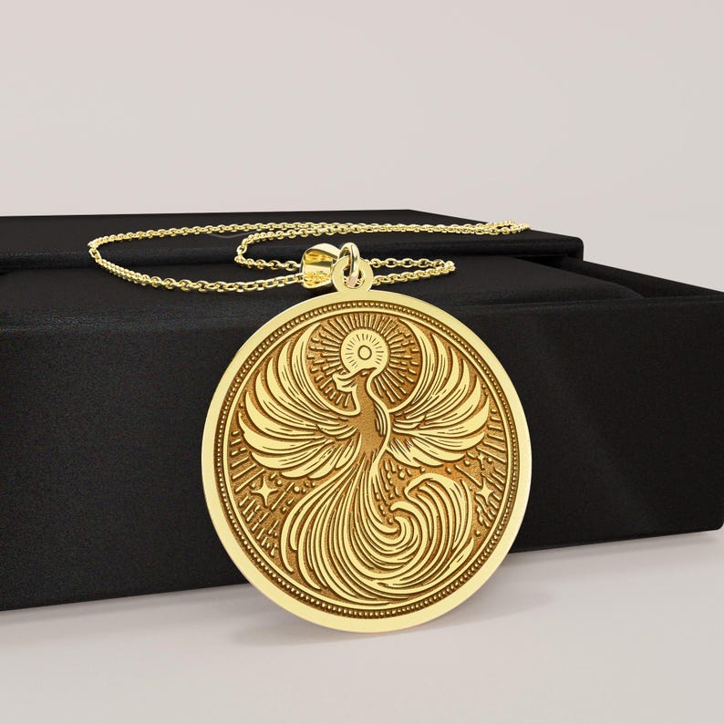 14K Gold Phoenix Necklace: Hand-engraved Firebird Amulet - Etsy